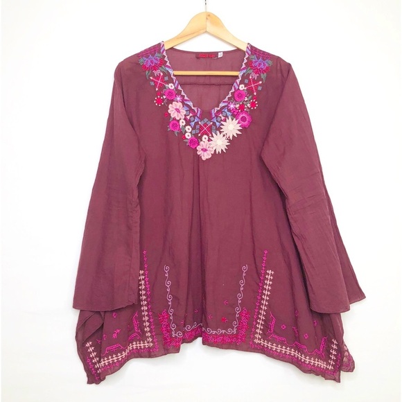 Johnny Was | Tops | Johnny Was Red Wish Stitch Boho Embroidered Long ...